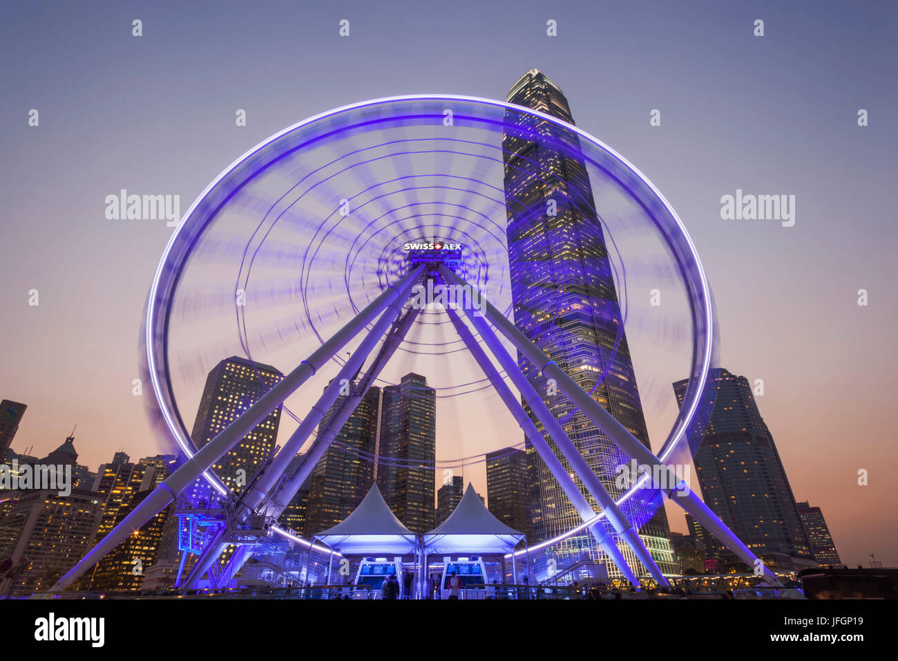 China, Hong Kong, Central, Hong Kong Observation Wheel and City Skyline ...