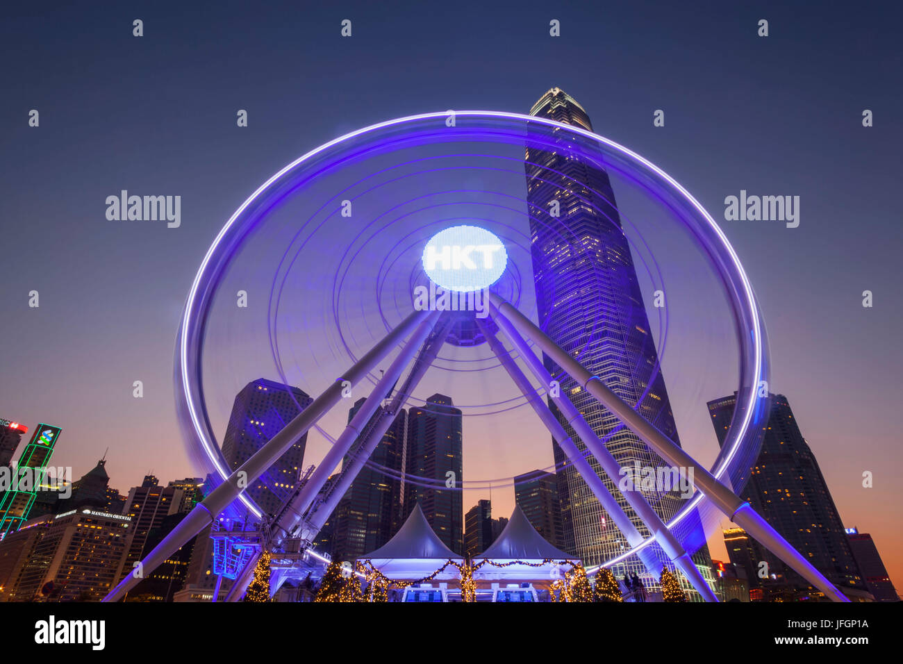 China, Hong Kong, Central, Hong Kong Observation Wheel and City Skyline ...