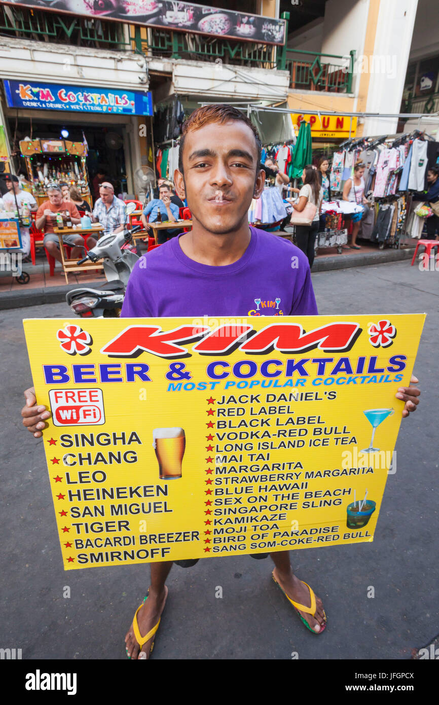 Thailand, Bangkok, Khaosan Road, Man Holding Bar Advertising Board ...