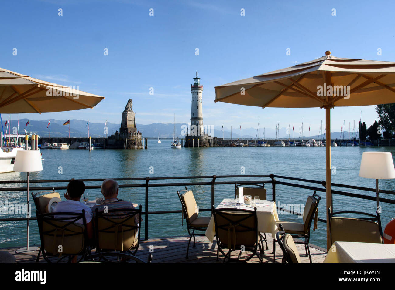 Restaurant in the harbour of Lindau, Lake of Constance, Bavarians ...