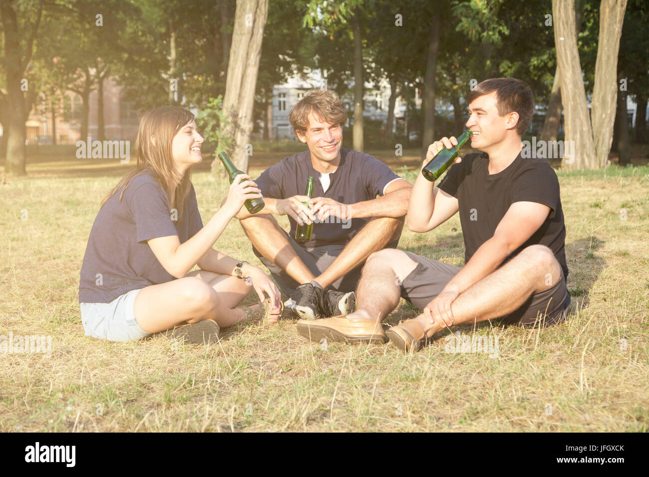 Friends in the park with beer Stock Photo - Alamy