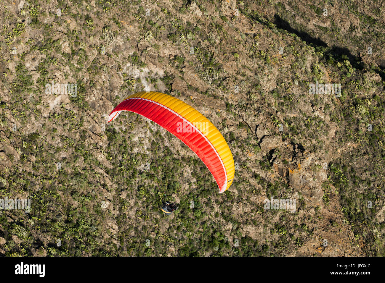 Paraglider about volcano scenery, aerial picture, Canary islands ...