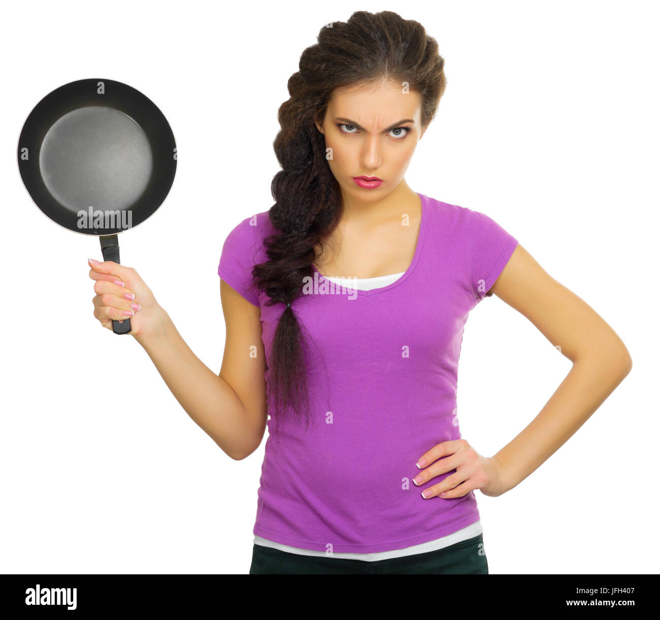 Young angry woman with pan isolated Stock Photo - Alamy