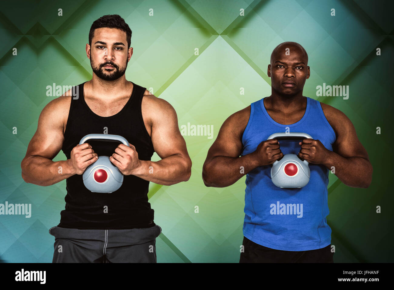 Composite image of strong friends lifting kettlebells together Stock ...