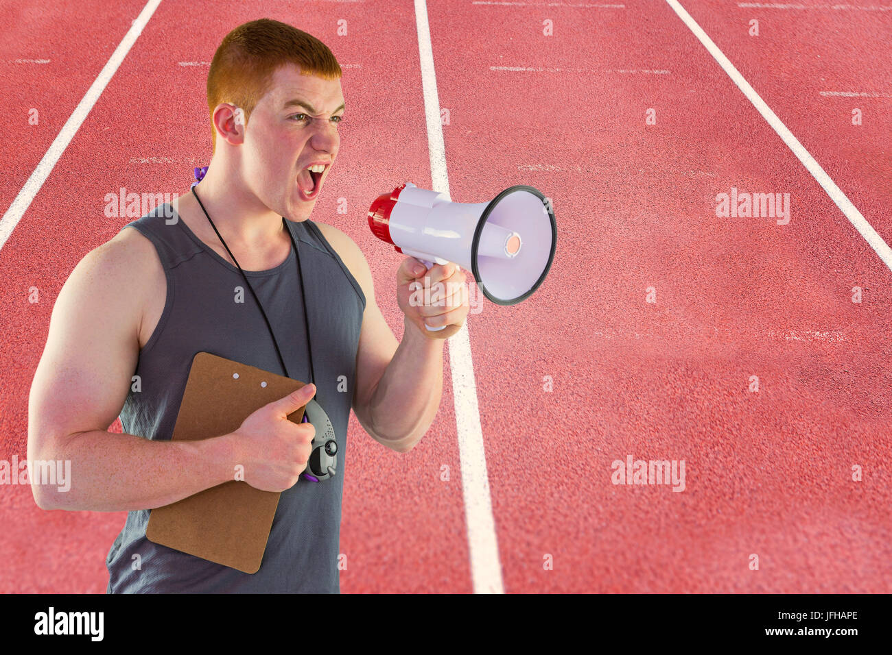 Composite image of angry personal trainer yelling through megaphone ...