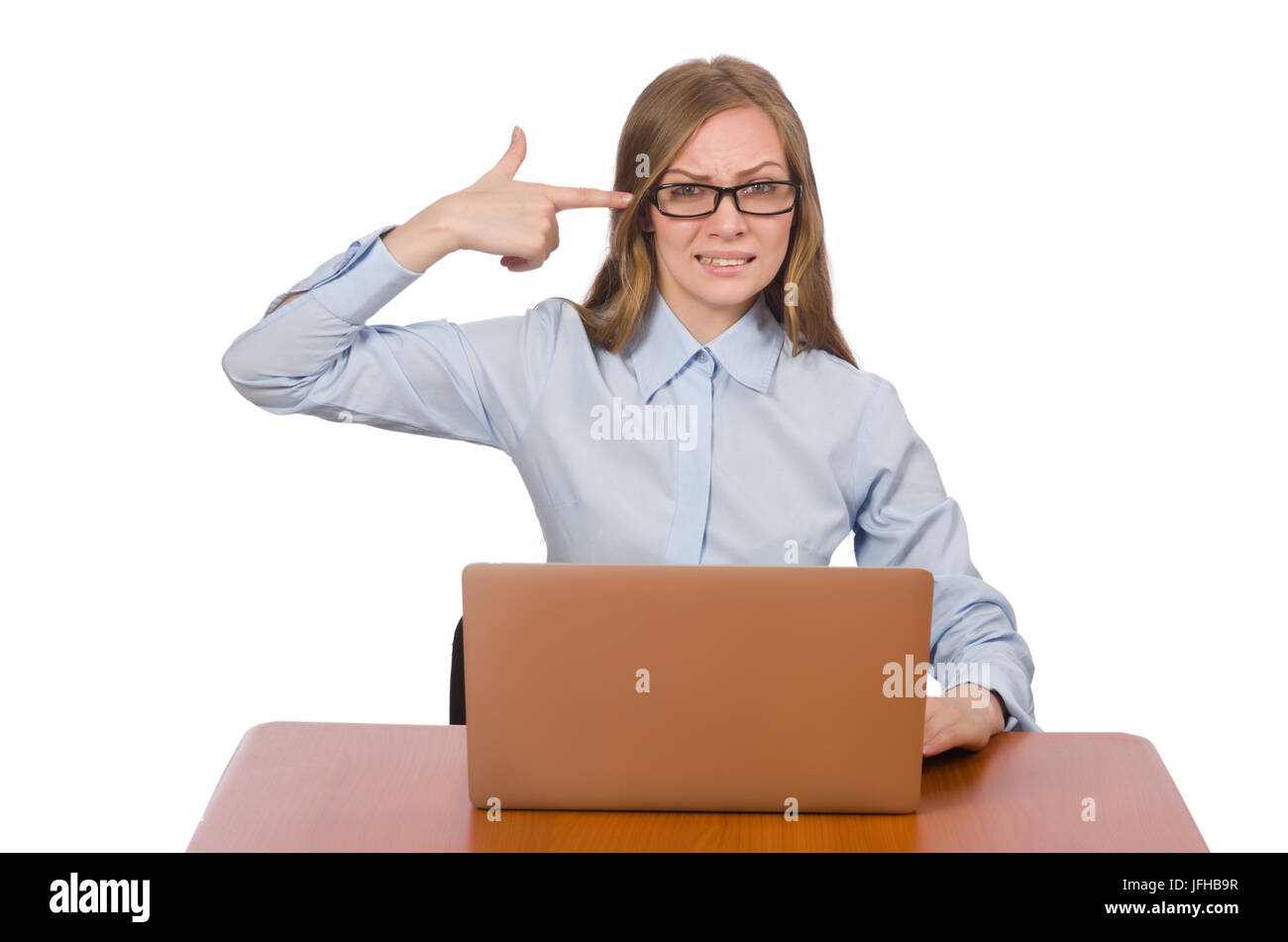 Office employee at work table isolated on white Stock Photo - Alamy