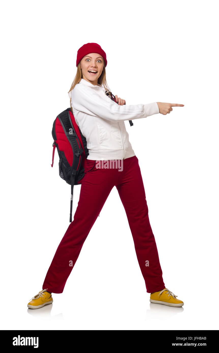 Funny student with backpack isolated on white Stock Photo - Alamy