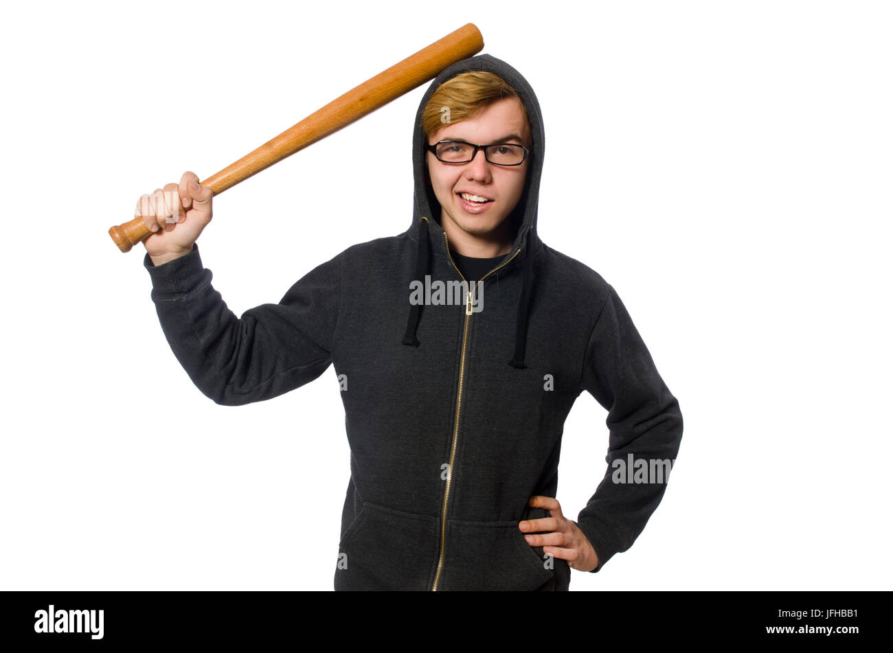 Aggressive man with baseball bat isolated on white Stock Photo - Alamy
