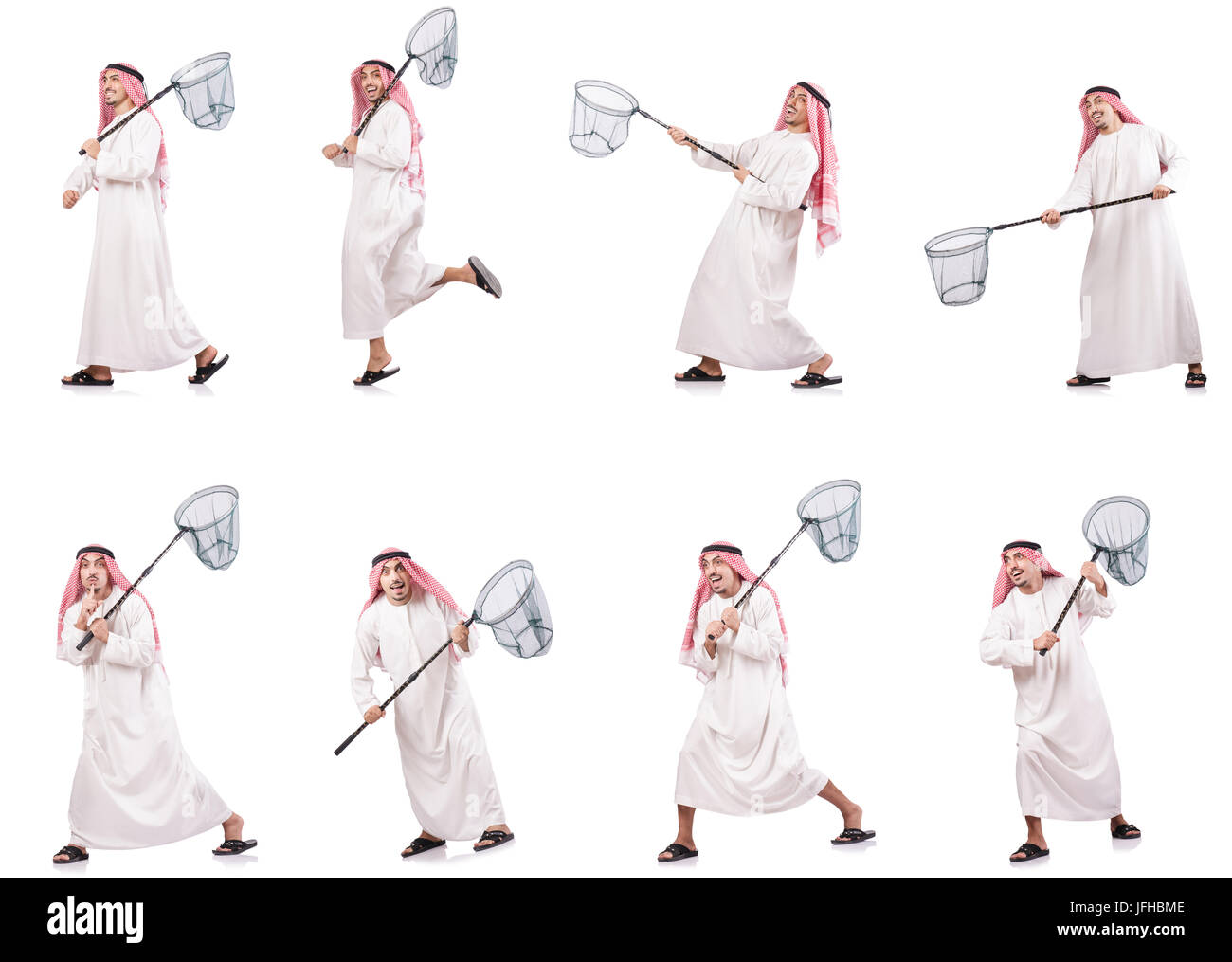 Arab man with catching net isolated on white Stock Photo - Alamy