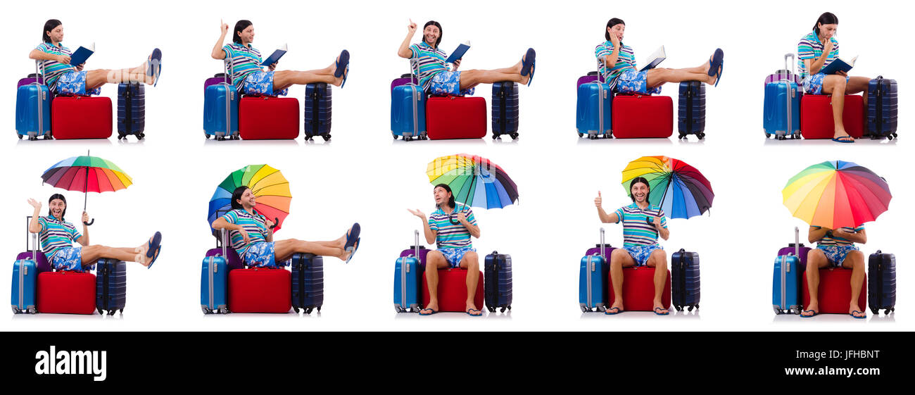 Traveler with red case and umbrella isolated on white Stock Photo - Alamy