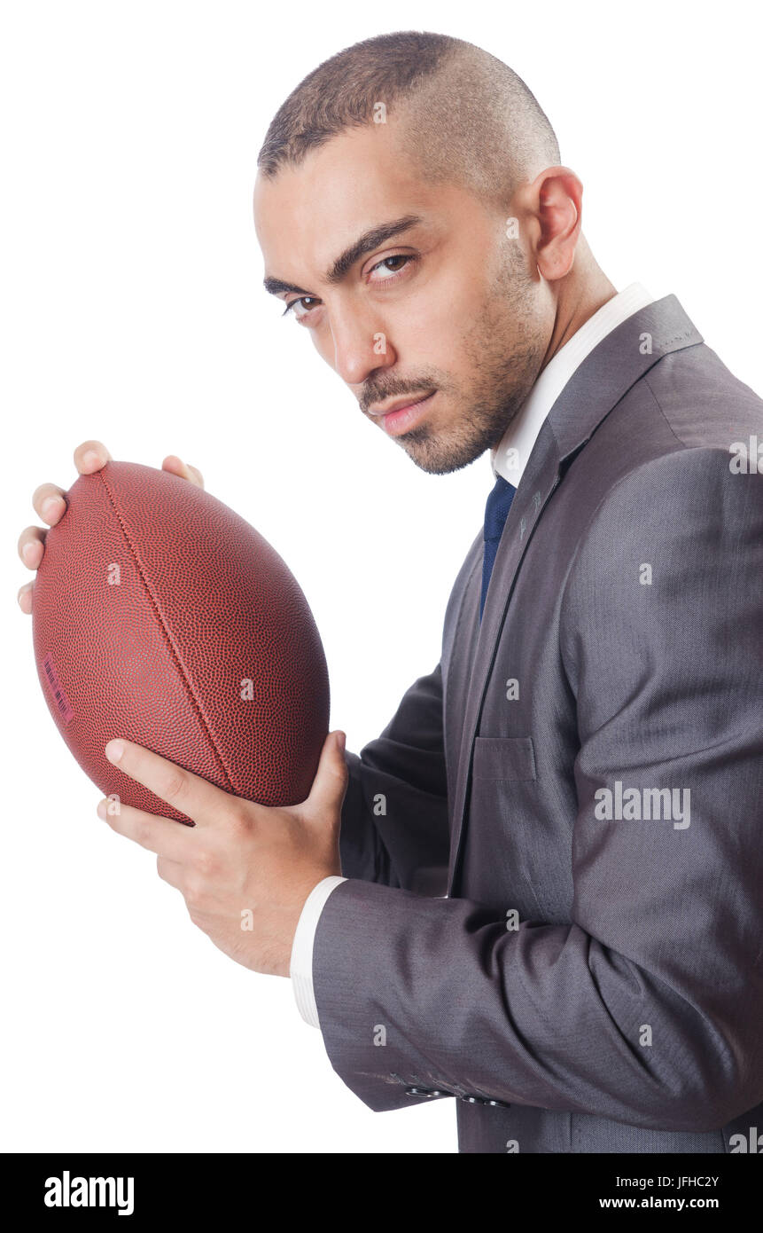 Man with american football ball isolated on white Stock Photo - Alamy