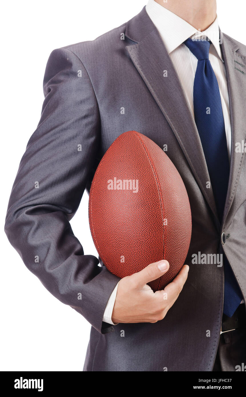 Man with american football ball isolated on white Stock Photo - Alamy
