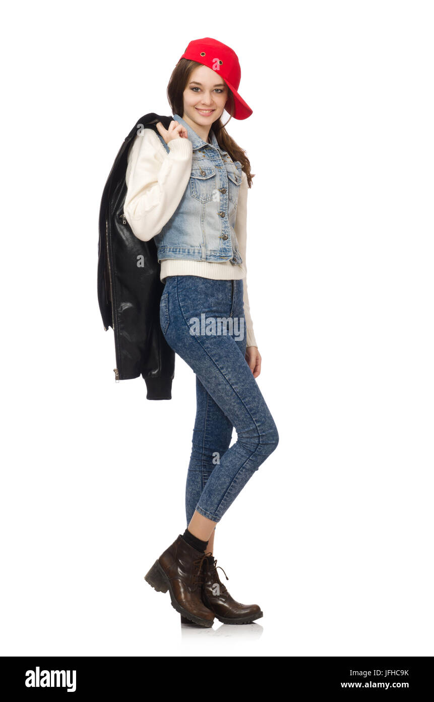 Pretty girl in leather jacket isolated on white Stock Photo - Alamy