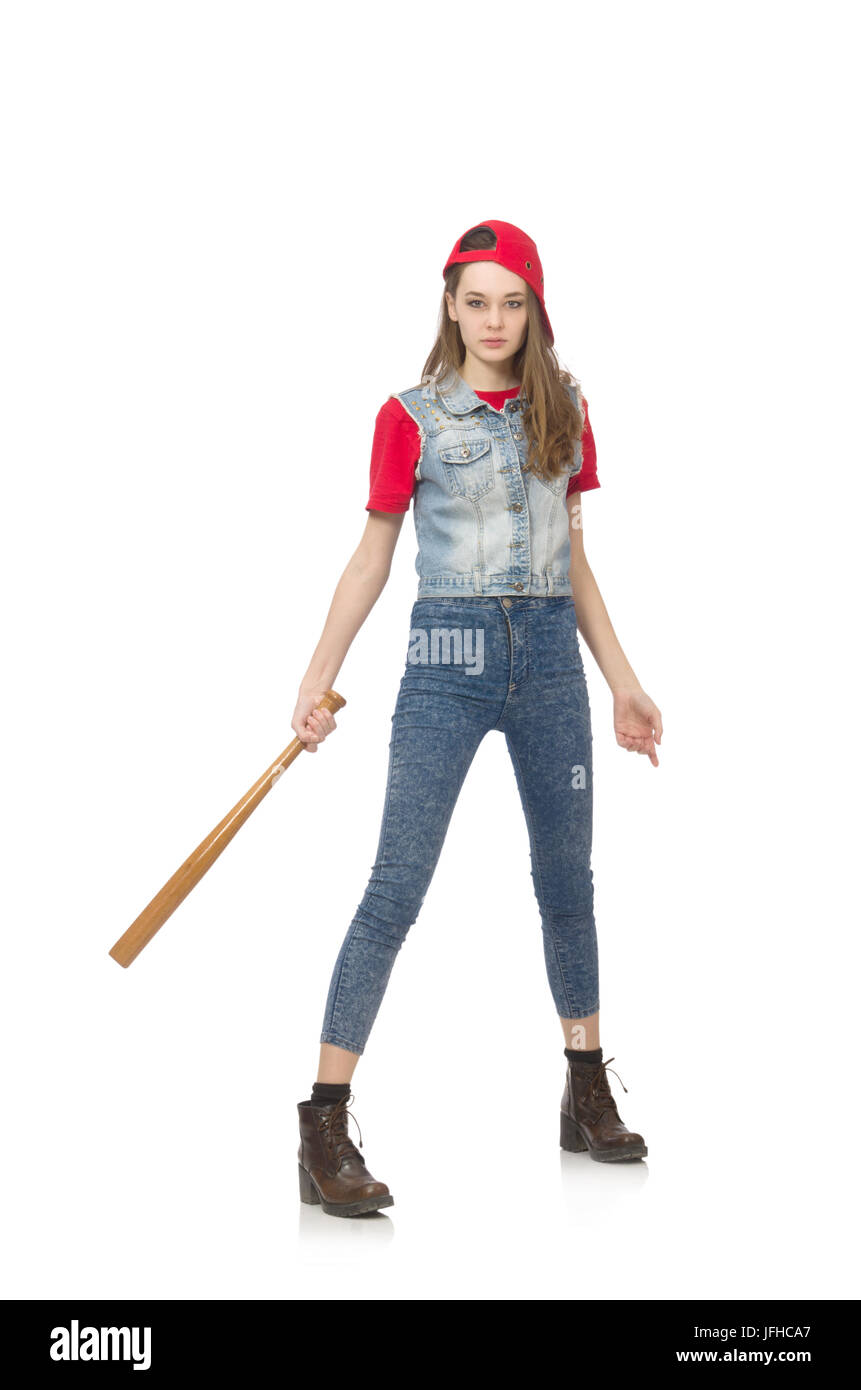 Pretty girl holding baseball bat isolated on white Stock Photo - Alamy
