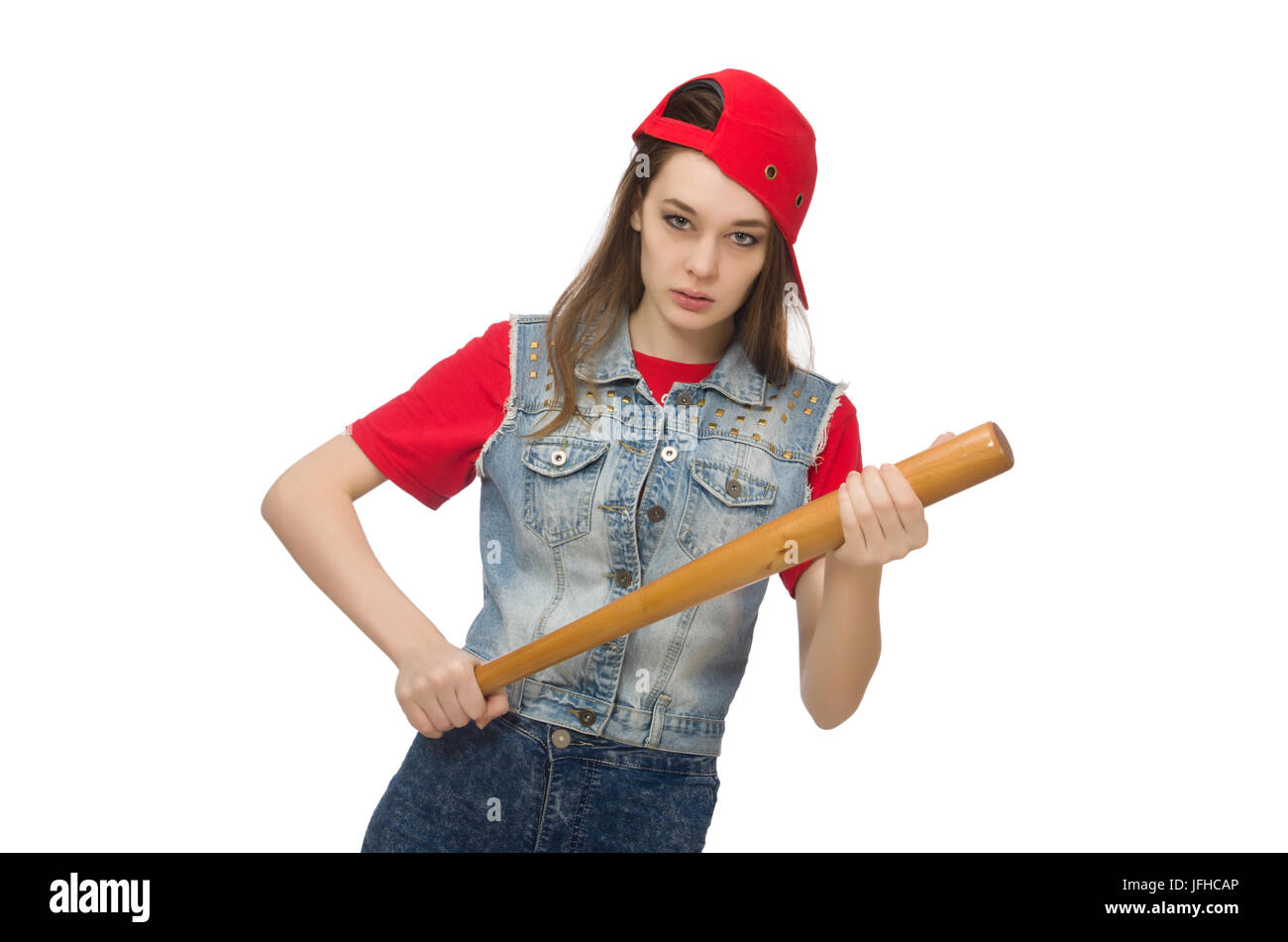 Pretty girl holding baseball bat isolated on white Stock Photo - Alamy