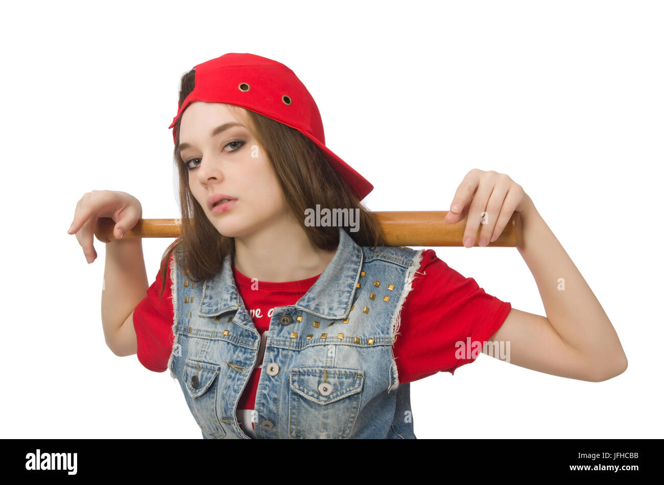 Pretty girl holding baseball bat isolated on white Stock Photo - Alamy