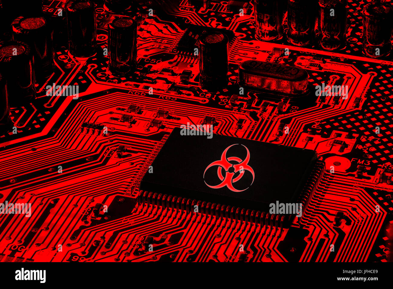 Red Computer Motherboard with biohazard logo ( virus ransomware attack ...