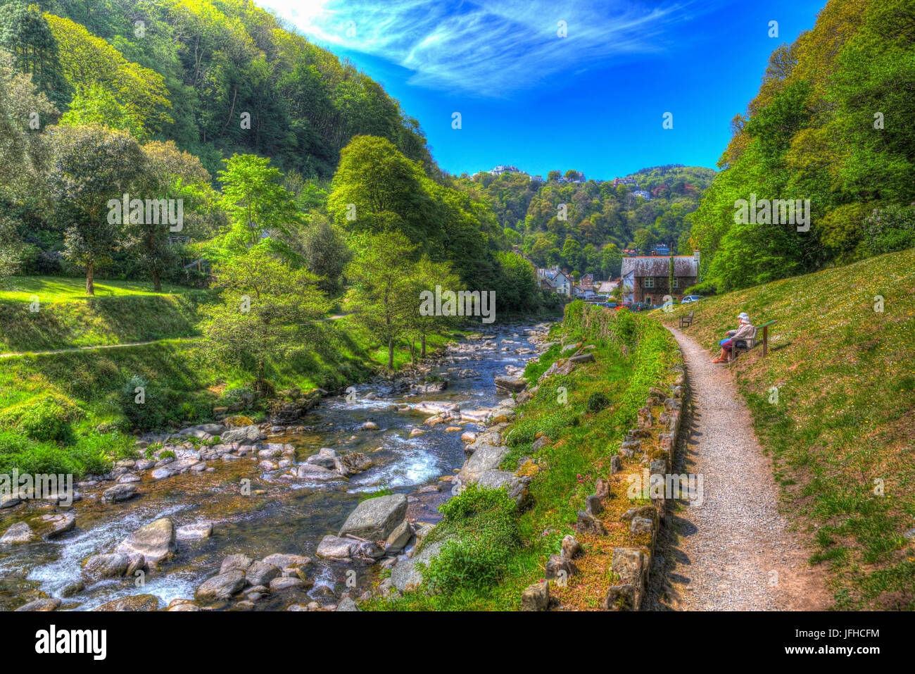 Lynmouth Devon view to town from walk to Watersmeet along the river in ...