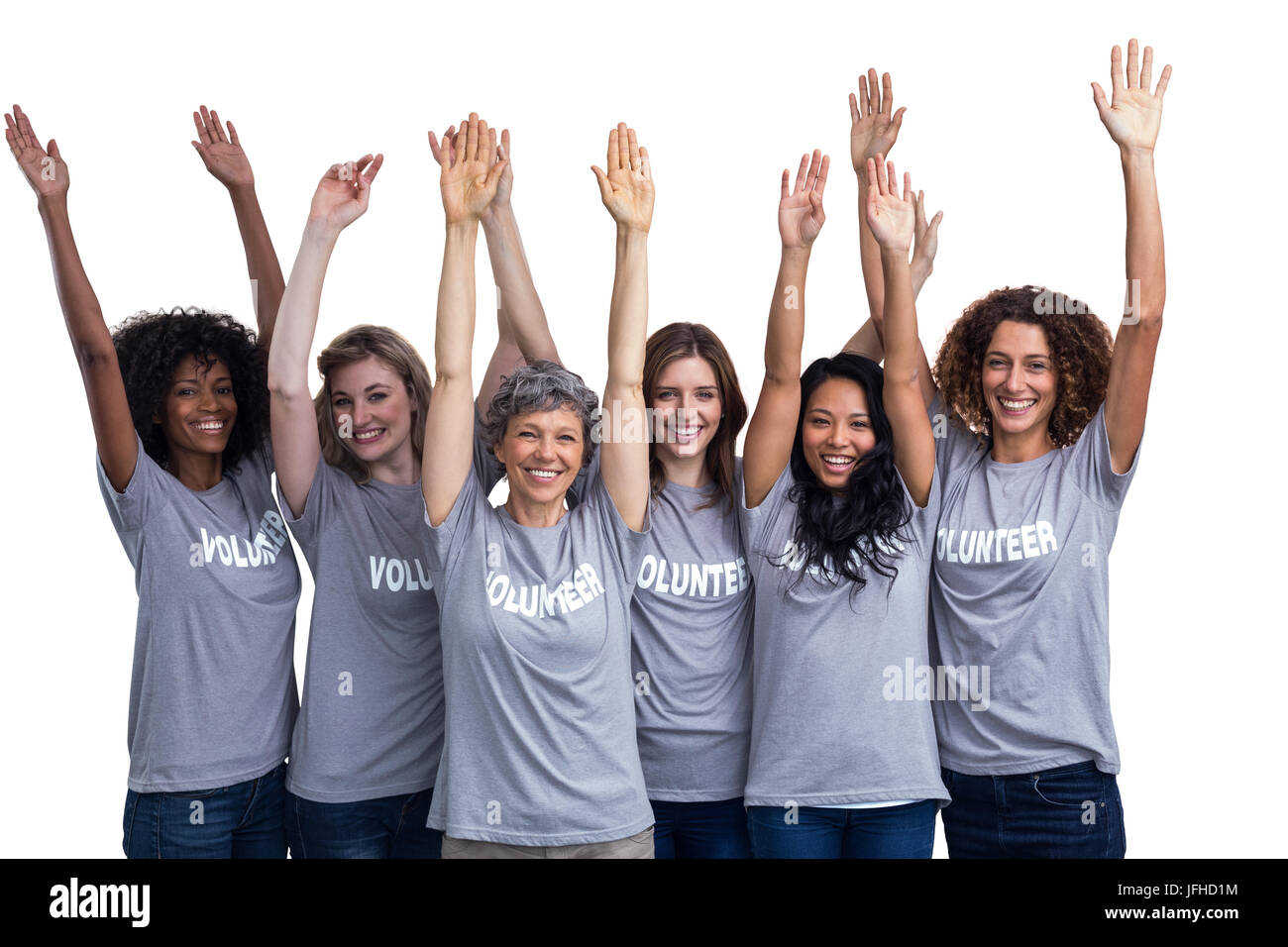 Portrait of happy volunteers standing with hands raised Stock Photo - Alamy