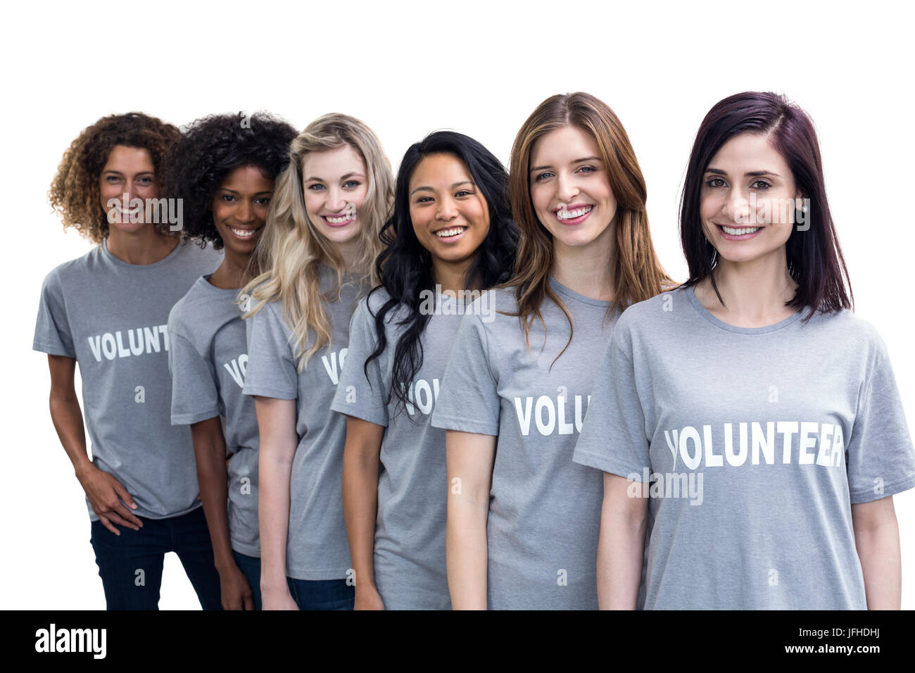Portrait of happy volunteers standing in a line Stock Photo - Alamy