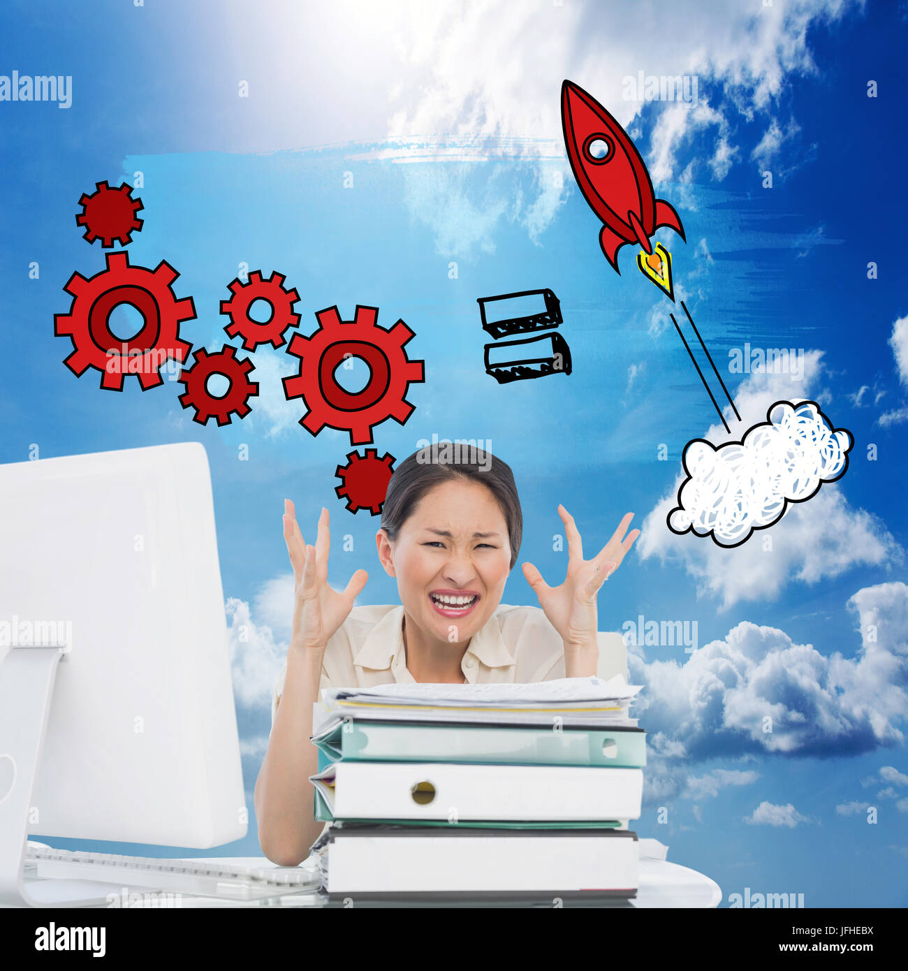 Composite image of cog and wheel and businesswoman using tablet against ...