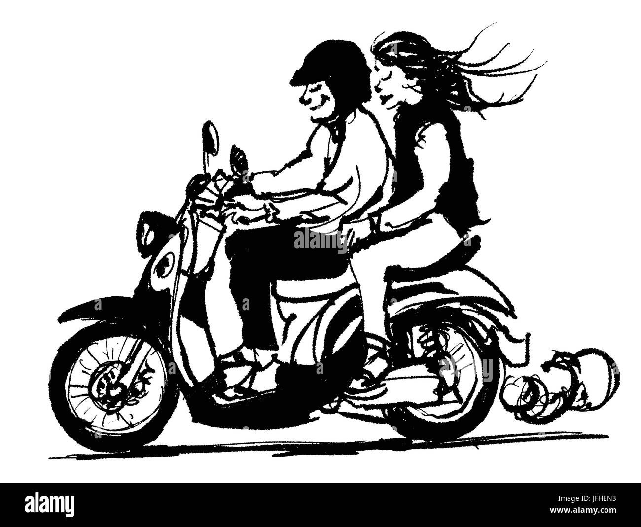 Caricature or cartoon of a young couple riding scooter - vector ...