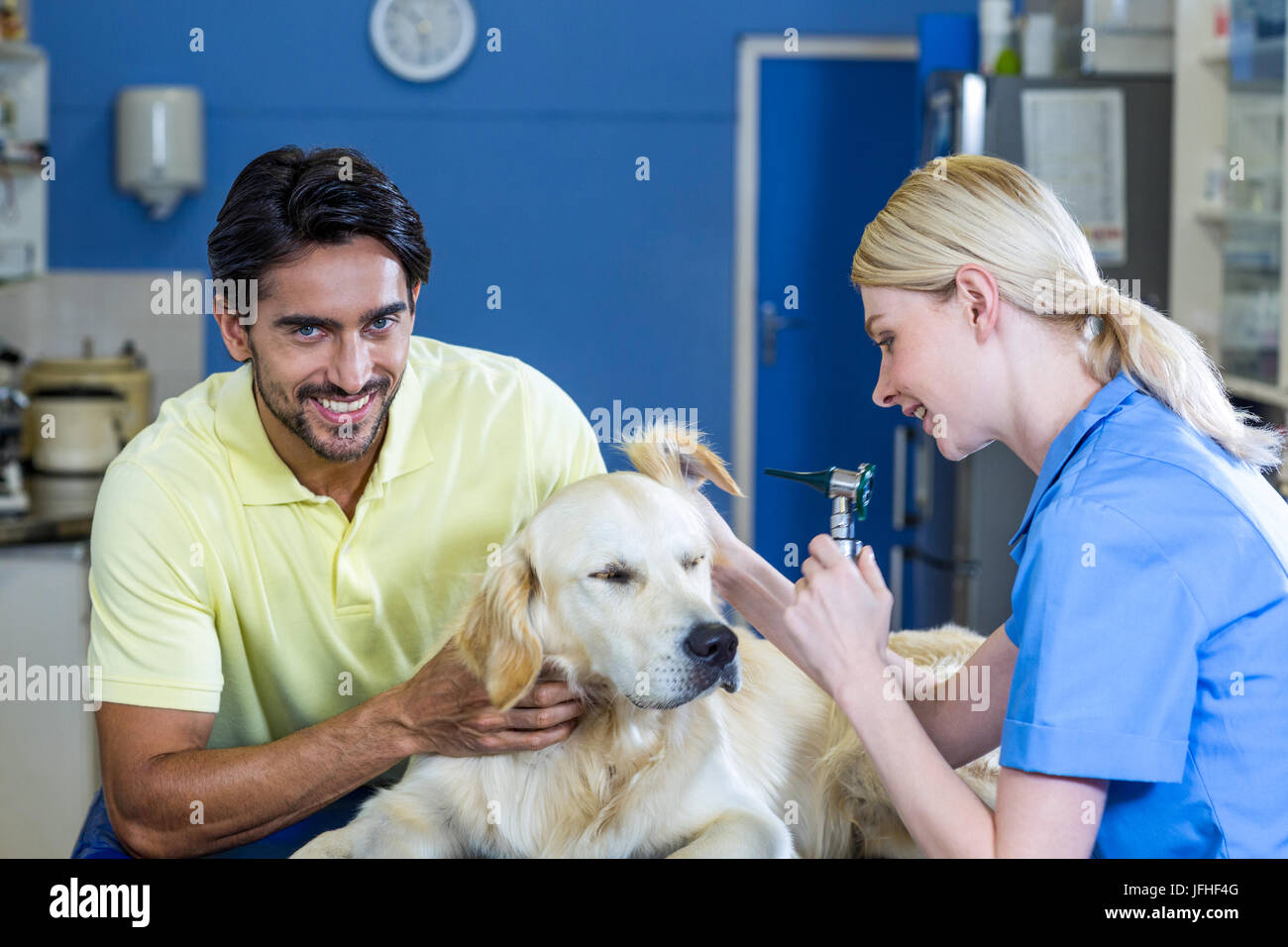 Smiling owner holding his dog during the examination Stock Photo - Alamy