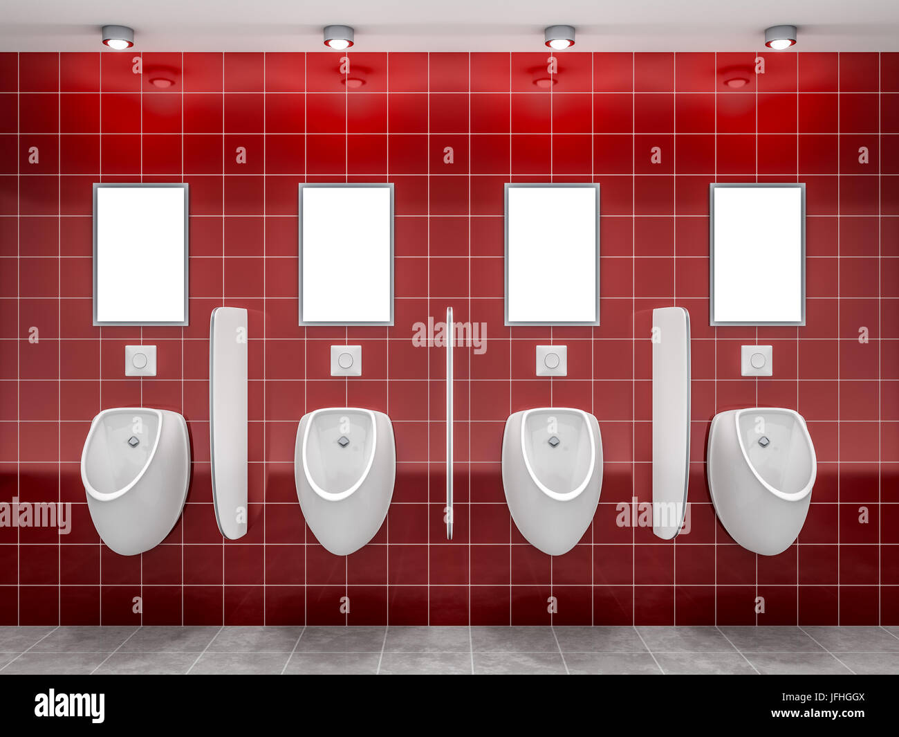 a red public restroom with four urinals Stock Photo - Alamy
