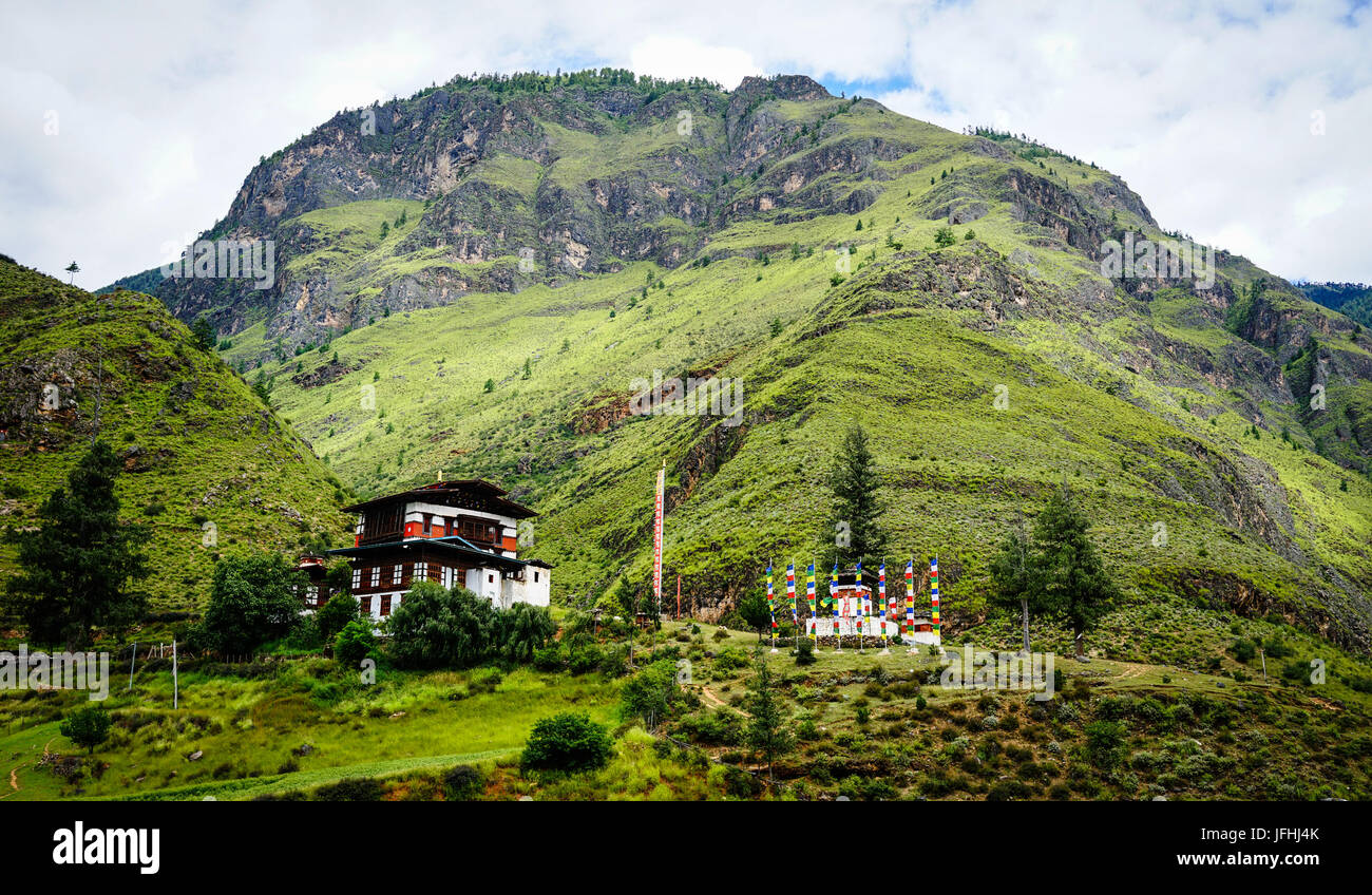 Mountain scenery with green valley in Thimphu, Bhutan. Bhutan is ...