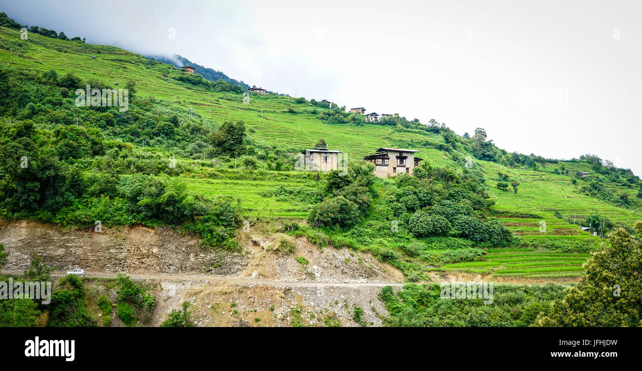 Traditional houses on the hill with many platations in Bhutan Stock ...