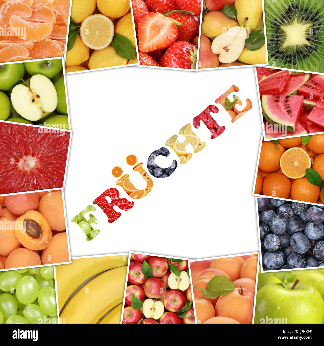 Rahmen aus Frucht mit Wort Früchte und Obst wie Apfel, Erdbeere, Orange ...