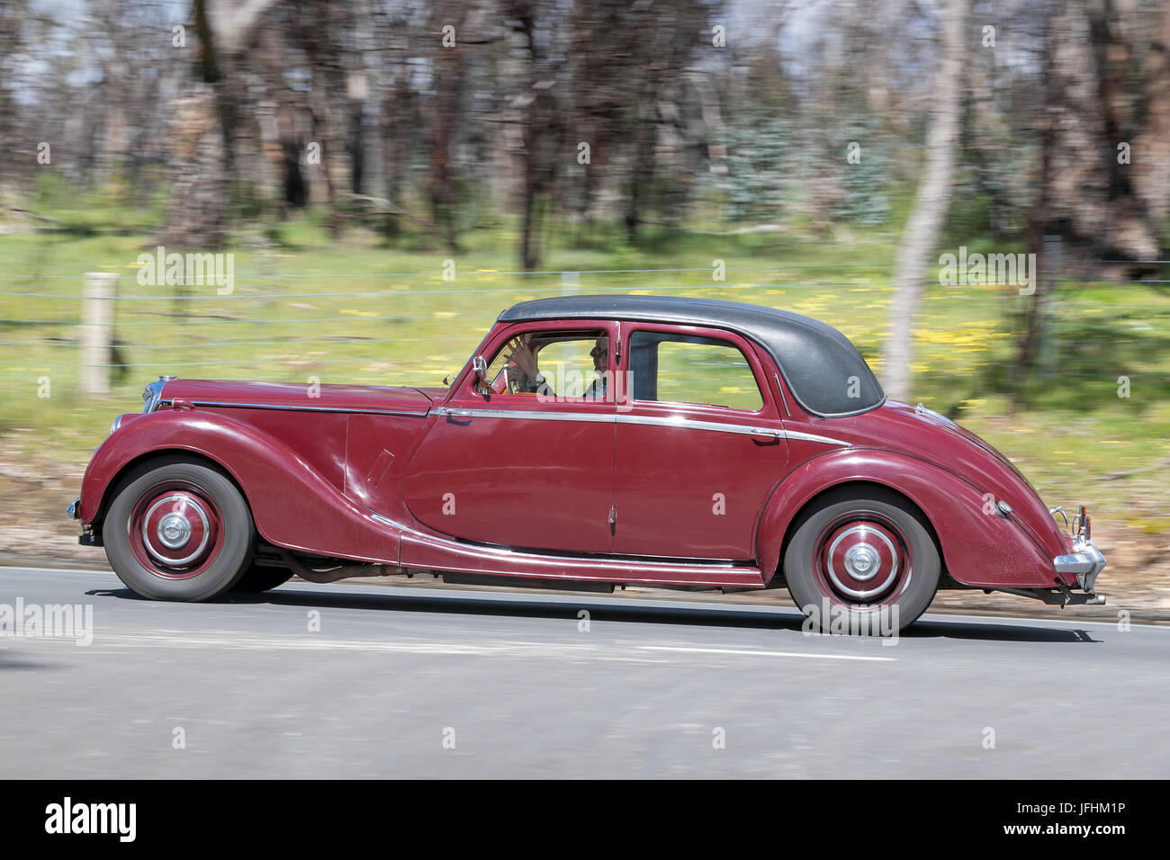 Vintage 1950 Riley RMB Sedan driving on country roads near the town of ...
