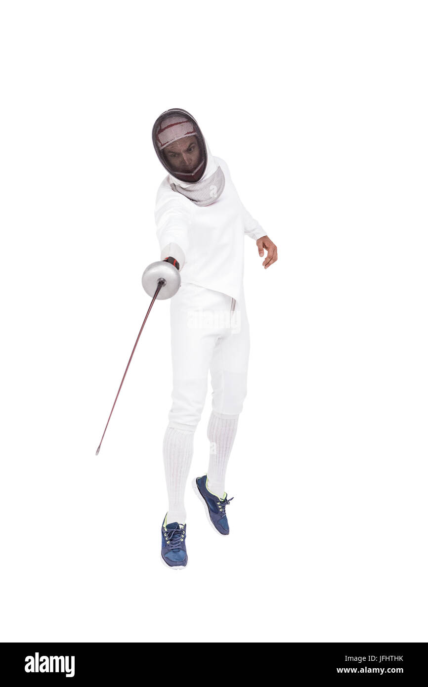 Man wearing fencing suit practicing with sword Stock Photo - Alamy