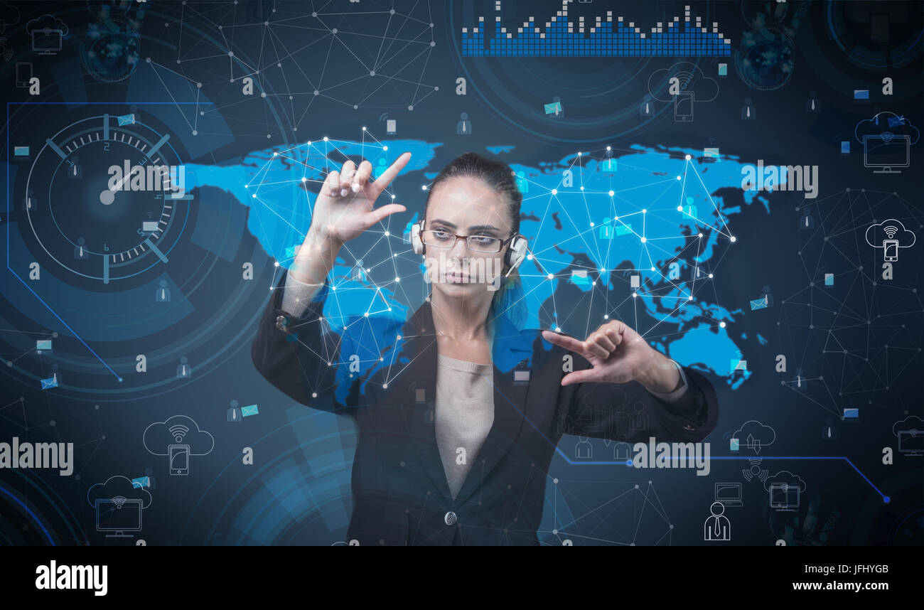 Woman pressing virtual buttons in futuristic concept Stock Photo - Alamy