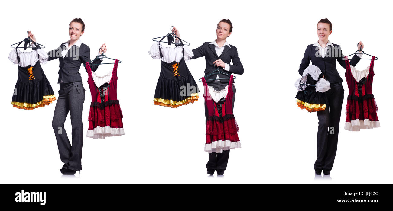 Woman with difficult choice of choosing clothing Stock Photo - Alamy