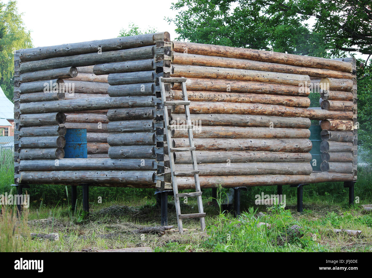 Assembling a wooden frame and building a house. Russia. Texture of old ...