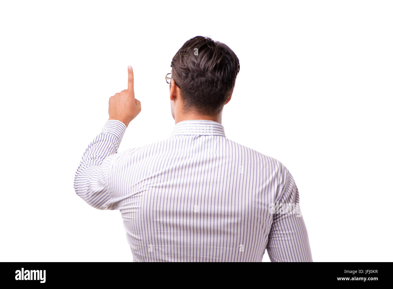 Young handsome businessman pressing buttons isolated on white Stock ...