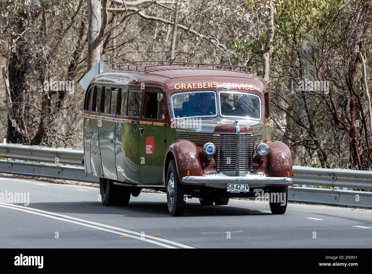 Vintage Bus driving on country roads near the town of Birdwood, South ...