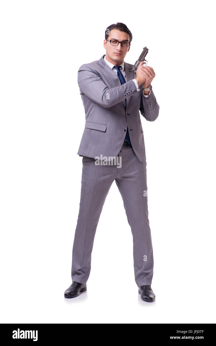 Aggressive business manager with handgun isolated on white Stock Photo ...