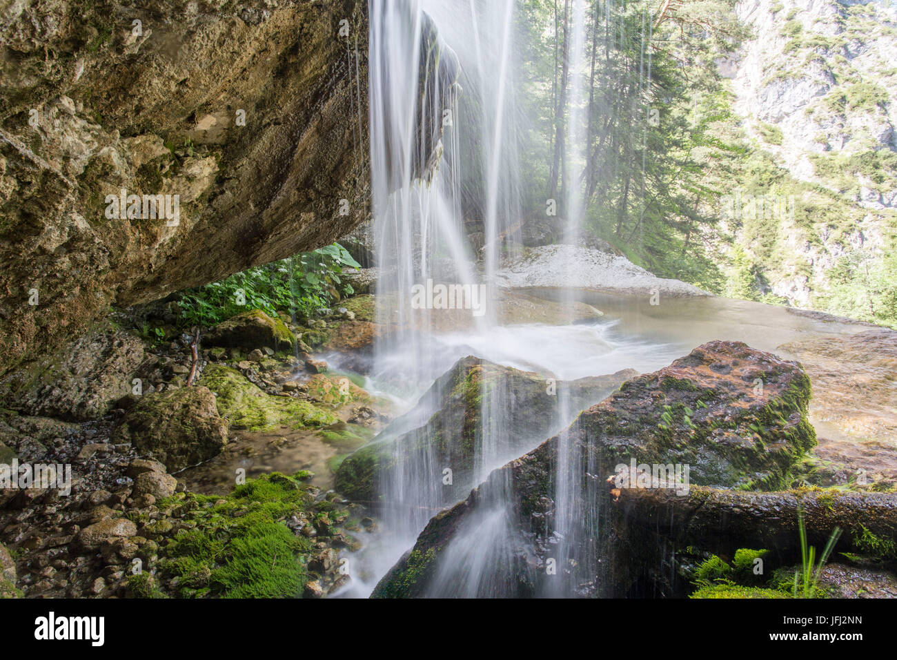 Waterfall from the back, rock Stock Photo - Alamy