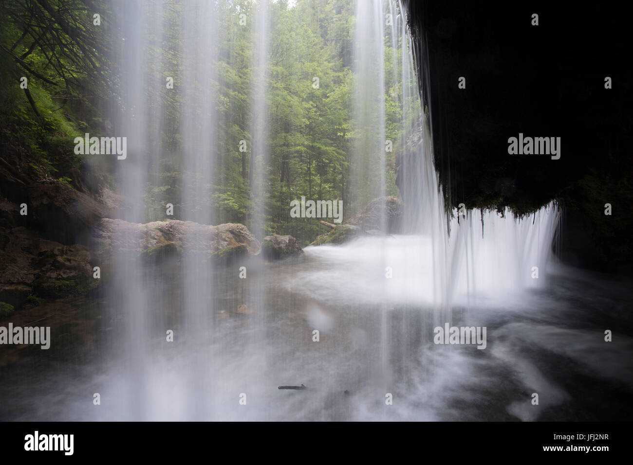 Waterfall from the back, rock Stock Photo - Alamy
