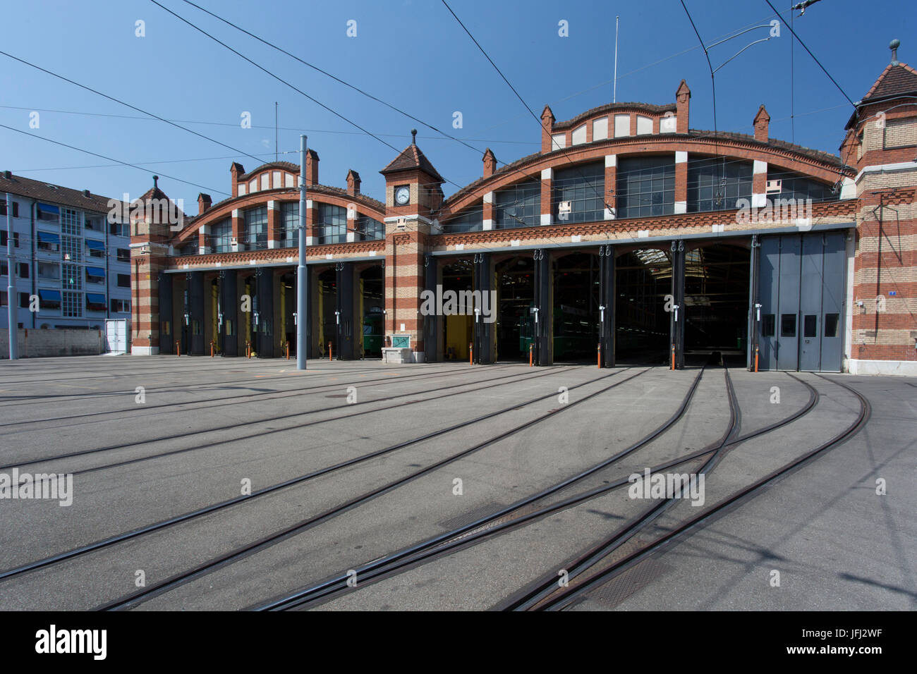 Garage, streetcar, track, gate, lines Stock Photo - Alamy
