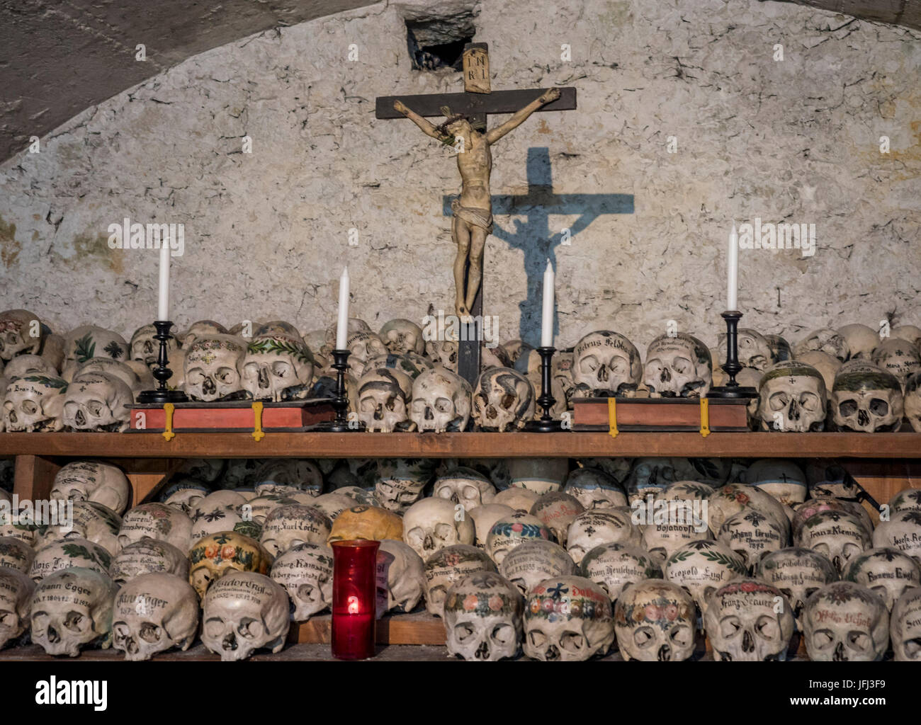 Dead skull in the charnel-house, Karner St. Michael's chapel ...