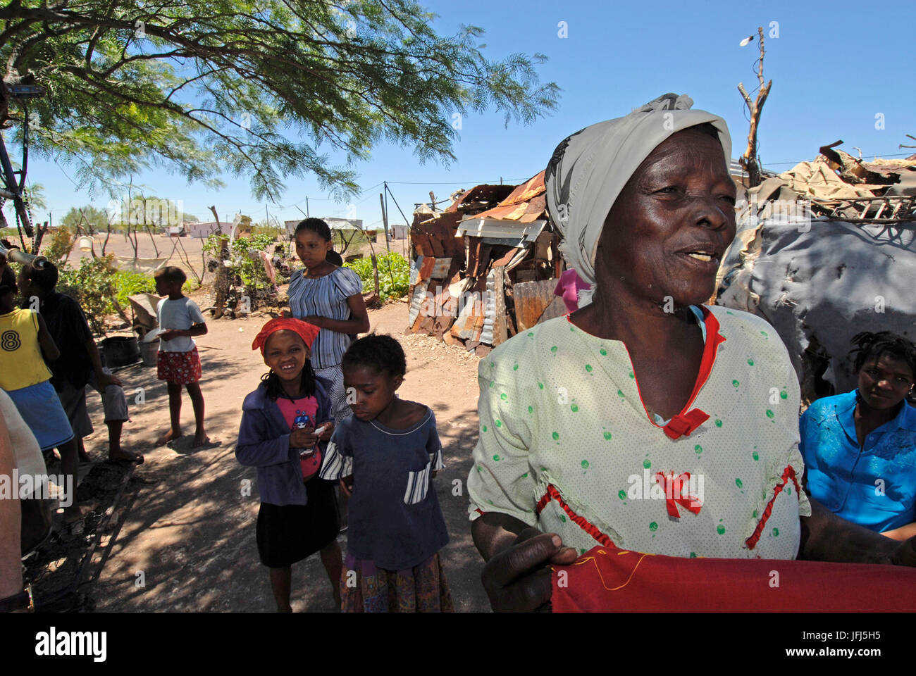Africa, Namibia, Kalahari, Hoachanas, Nama sewist Emma Jansen in front ...
