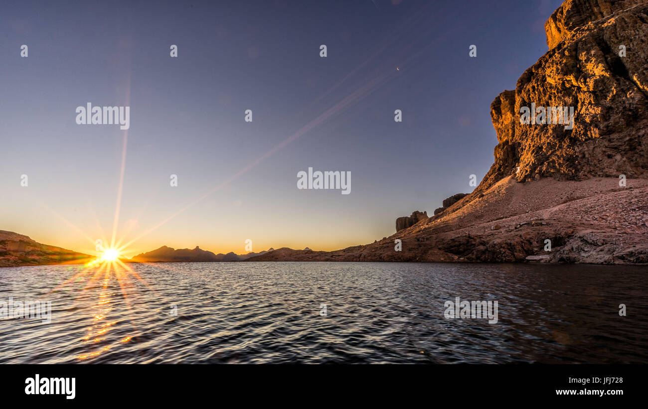 Mountain lake at the Pisciadu via ferrata at sundown, dolomites, Sella ...