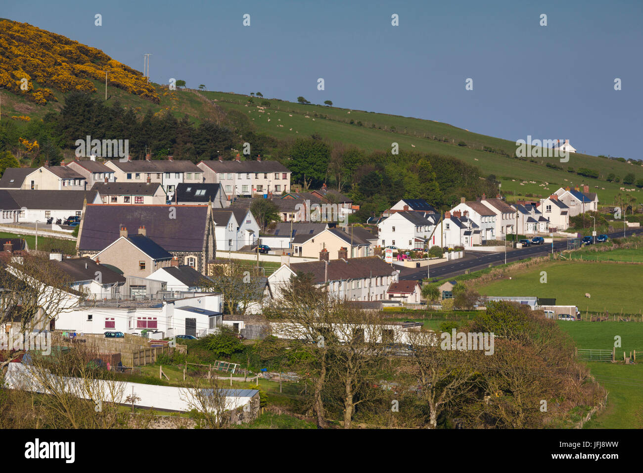 UK, Northern Ireland, County Antrim, Ballintoy, elevated town view ...