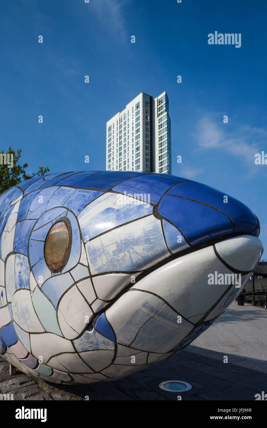 UK, Northern Ireland, Belfast, Bigfish sculpture by John Kindness ...