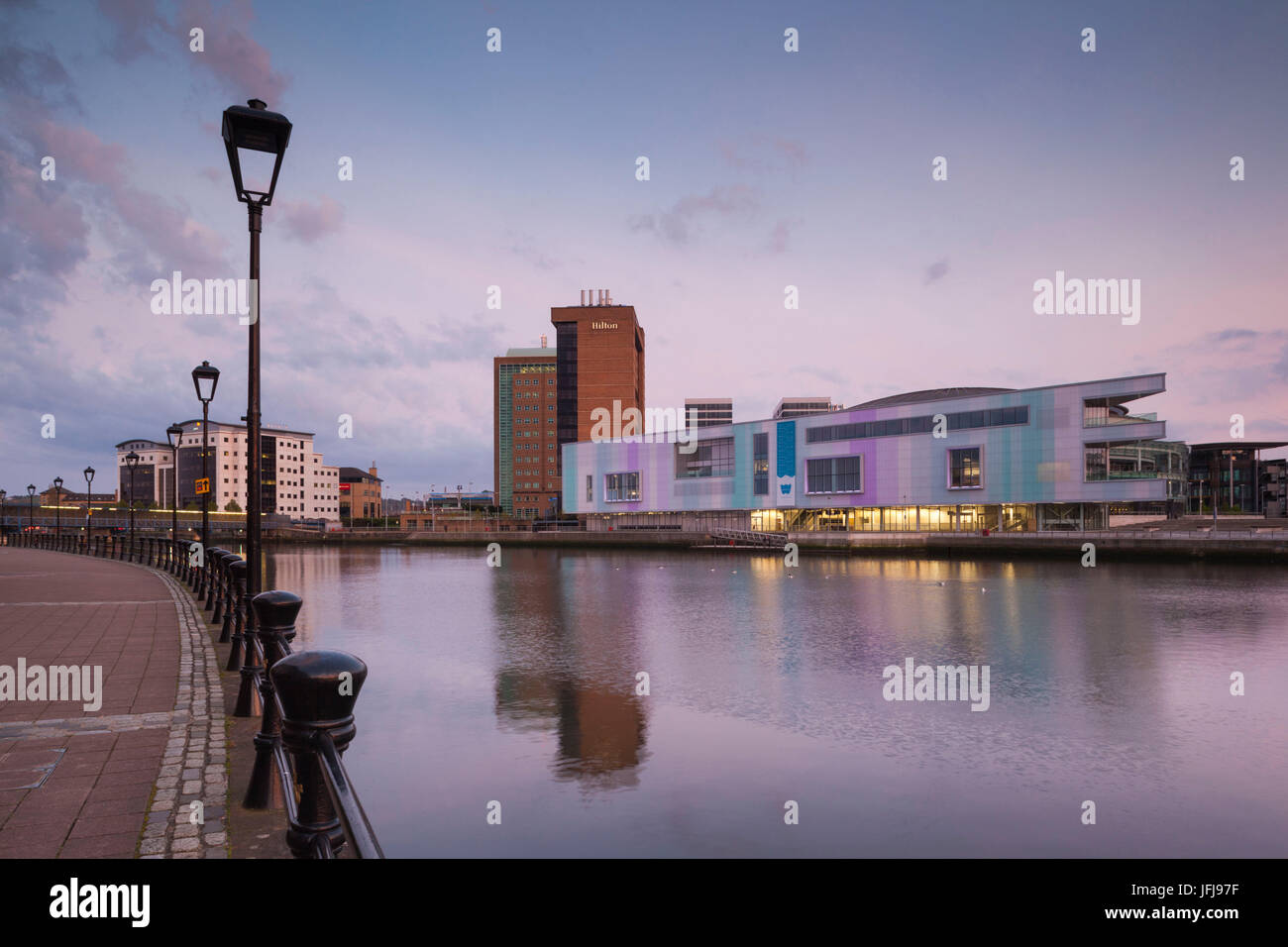 UK, Northern Ireland, Belfast, city skyline along River Lagan with ...