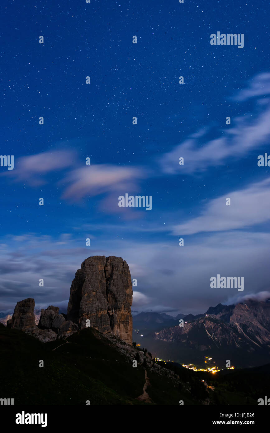 Cinque Torri, Dolomites, Veneto, Italy, Full moon night with stars over ...