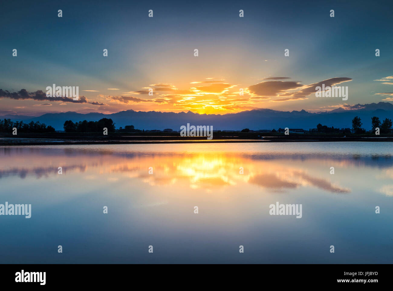 Cloud at sunset reflecting over rice fields and Monte Rosa mountains ...